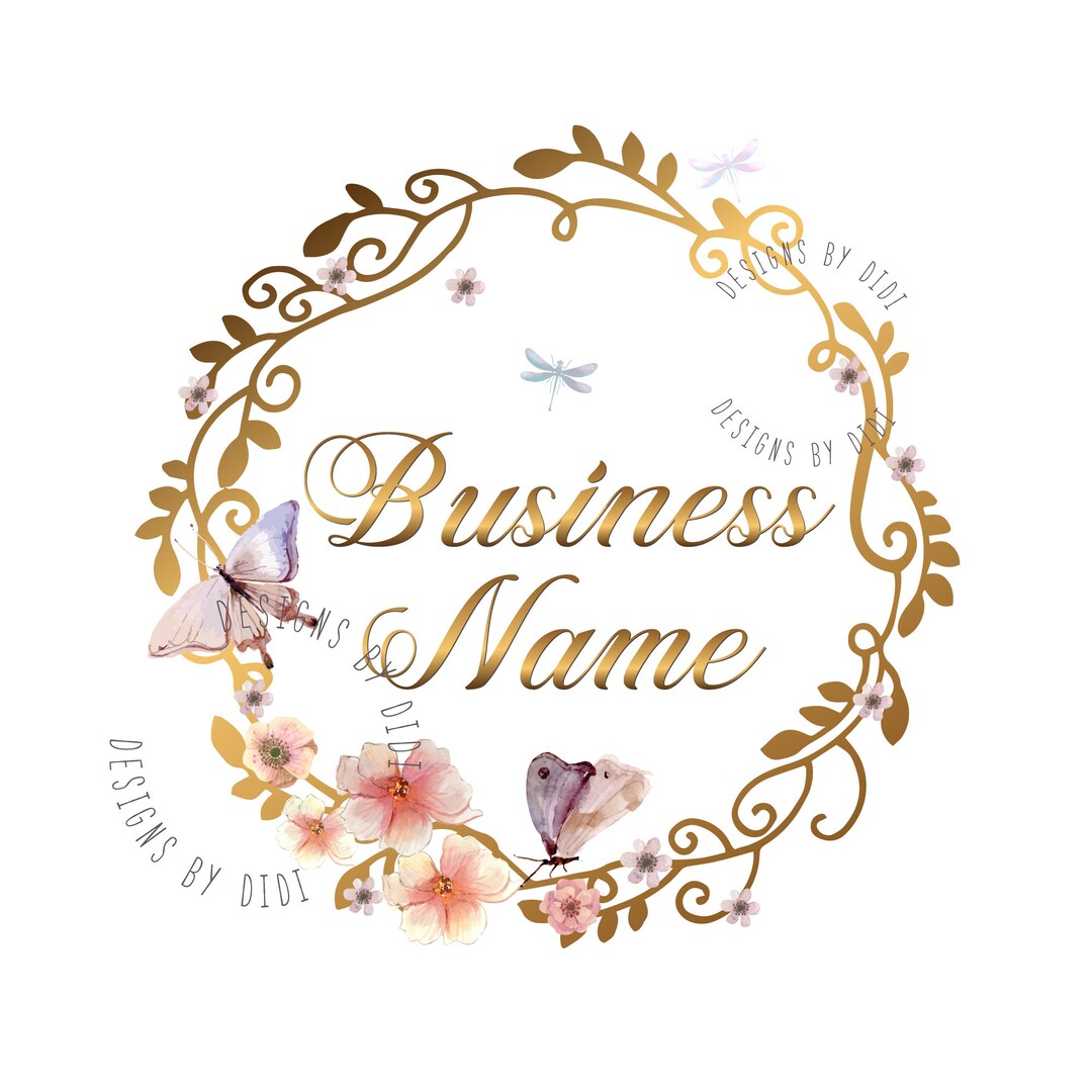 Butterfly Flower Wreath Logo: Pink, Purple & Gold Branding (digital ...