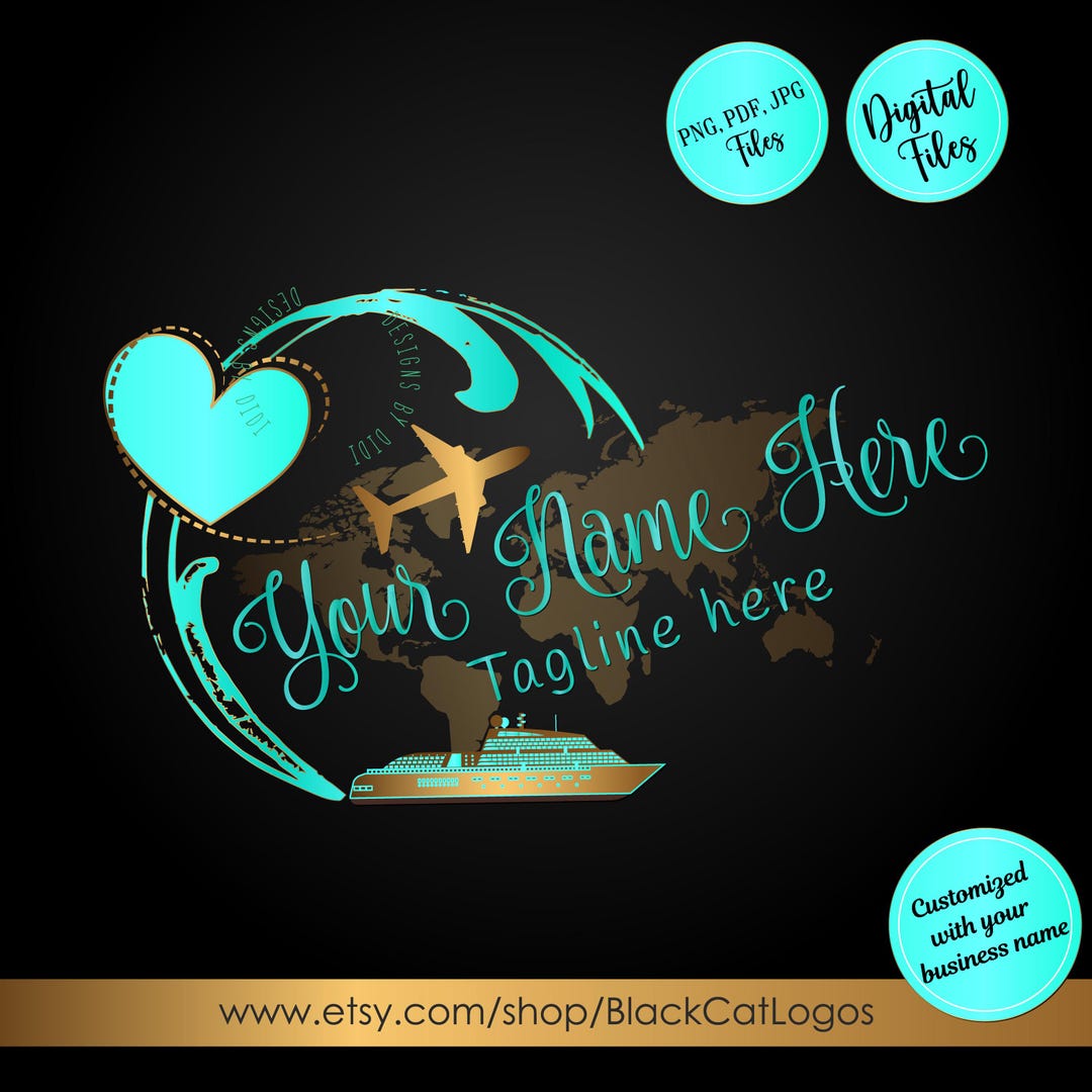 Travel Agent Logo: Turquoise Ocean Wave, Airplane, Heart and Cruise ...