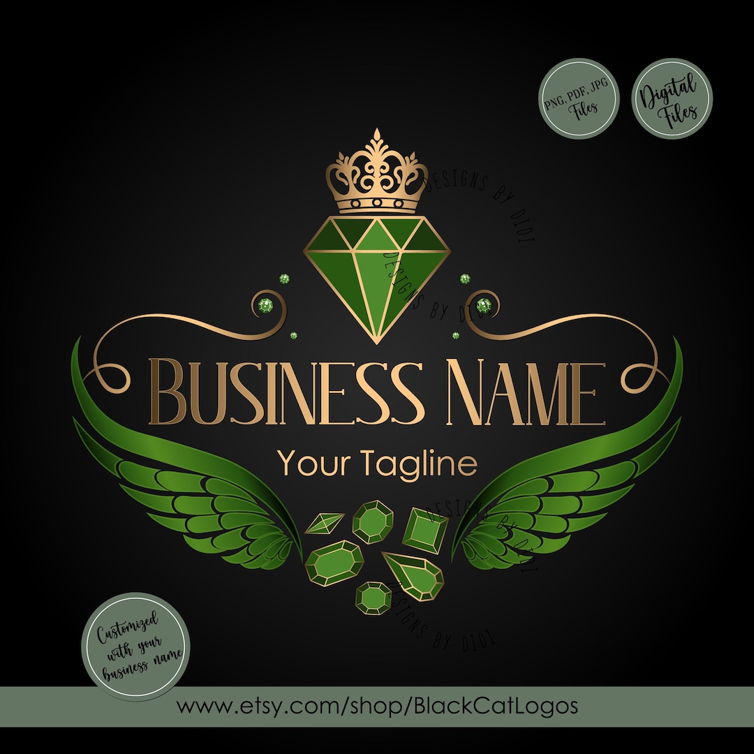 Emerald Diamond Crown Logo: Angel Wings Jewelry Branding (digital Files ...