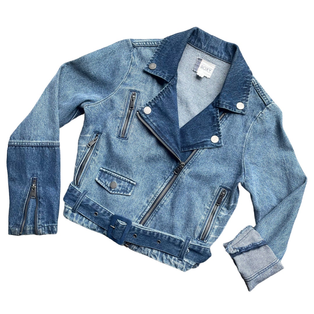 Vintage Biker Jean Jacket / Modern Motorcycle Style Crop Jacket W/ 2 ...