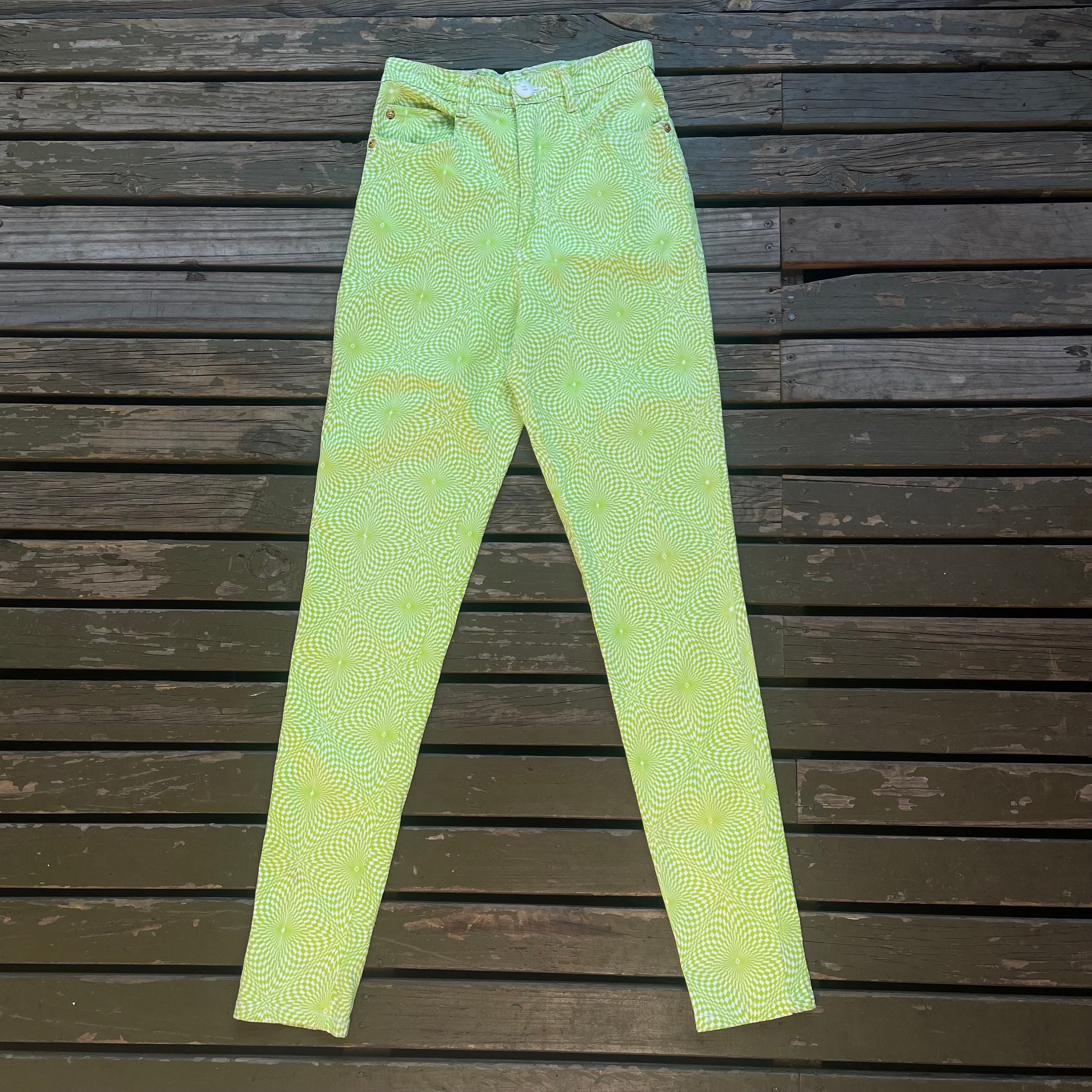 Vintage Lime Green Jeans W Trippy Op Art Pattern / 1990s Does 70s ...