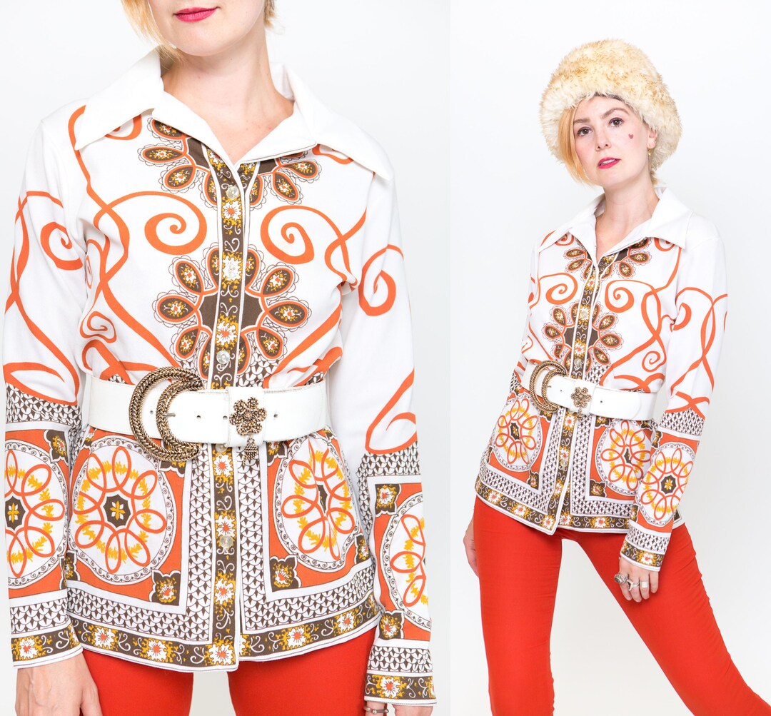 Retro Tunic Top / 1970s Earthy Tones Pattern Shirt / Size S-M - Etsy