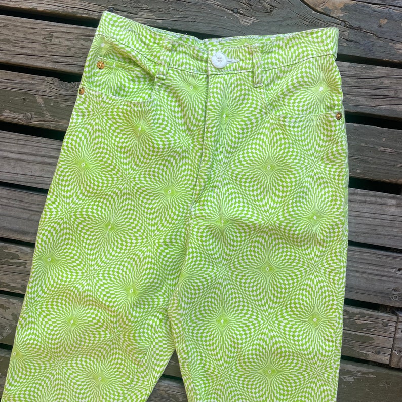 Vintage Lime Green Jeans W Trippy Op Art Pattern / 1990s Does 70s ...