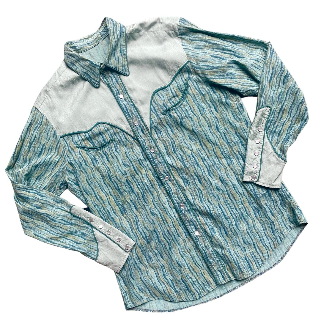 Vintage Wavy Pattern Green Western Shirt W/ Pearl Snaps / - Etsy