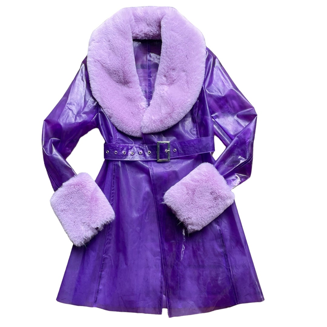 Vintage Purple Clear PVC Trench Coat W/ Belt and Lilac Faux Fur Collar ...