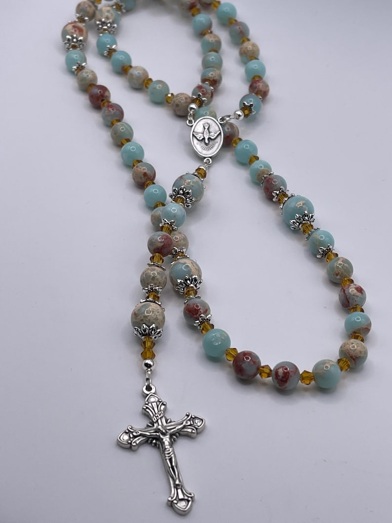 Sea Jasper Rosary Beads Necklace: Holy Spirit Crucifix, Handmade - Etsy