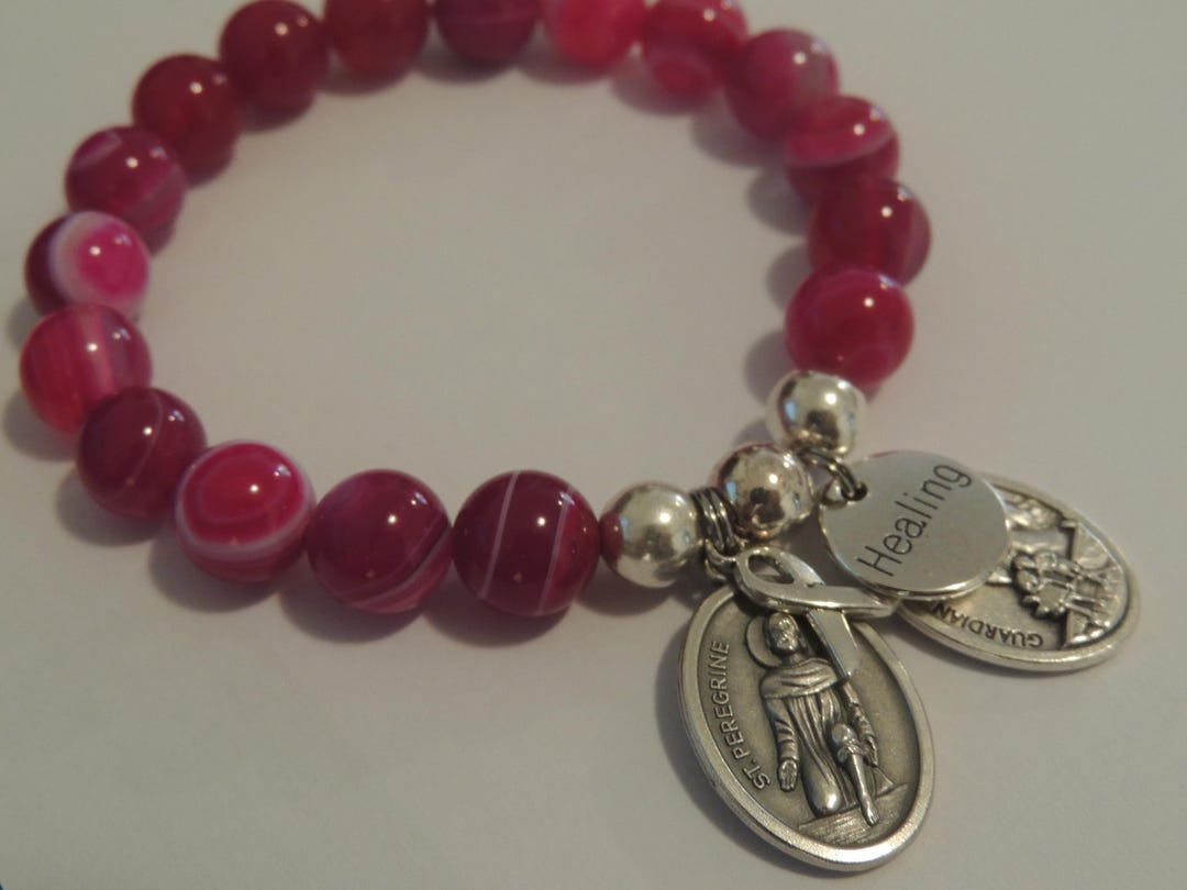 St Peregrine Cancer Saint Hope Charm Bracelet: Pink Agate, Guardian ...