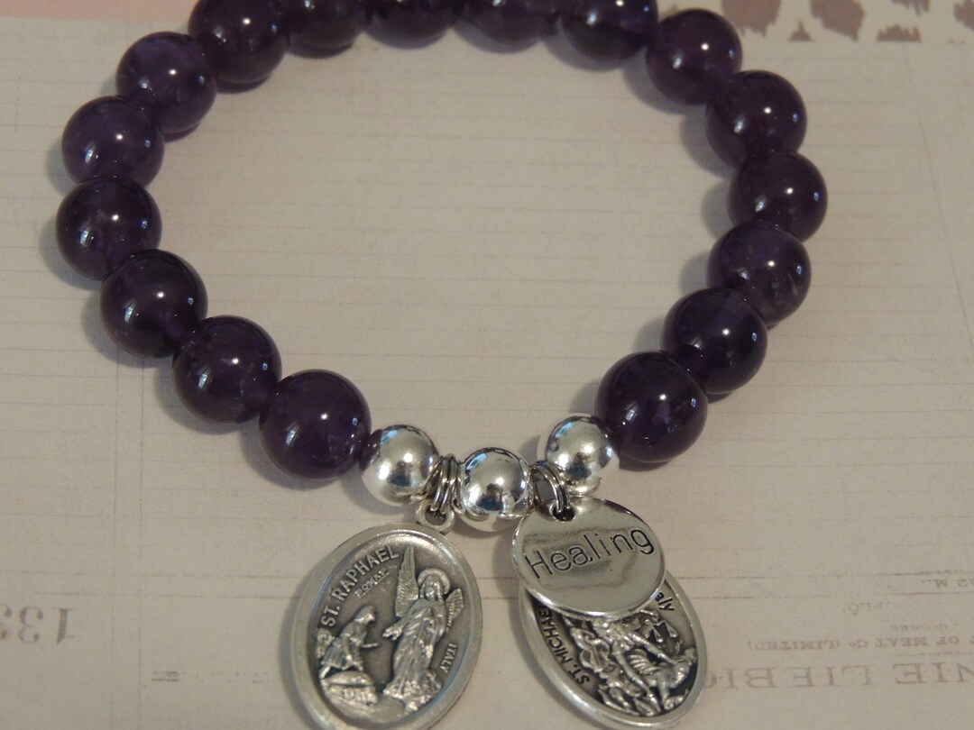 St Raphael Archangel Healing Saint, Amethyst Crystal Gemstone Bracelet ...
