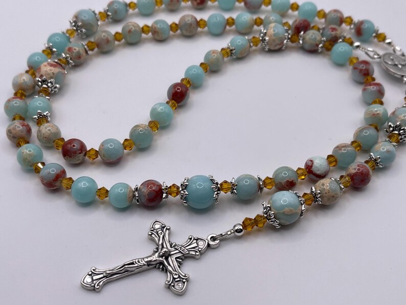 Sea Jasper Rosary Beads Necklace: Holy Spirit Crucifix, Handmade - Etsy