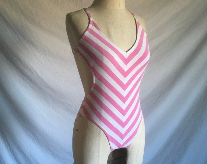 Vintage 80s Swimsuit Gottex Jrs Pink White Cotton Blend Chevron Striped ...
