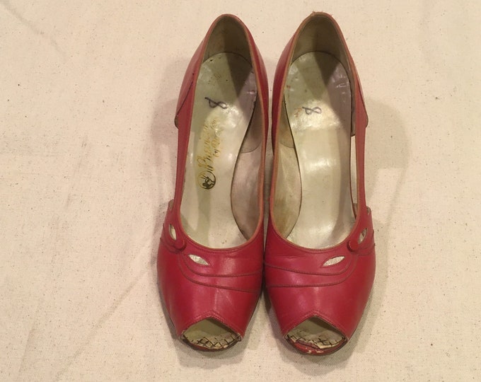 Vintage 40s Red Leather Peep Toe Pumps Womens Shoe Size 8 - Etsy