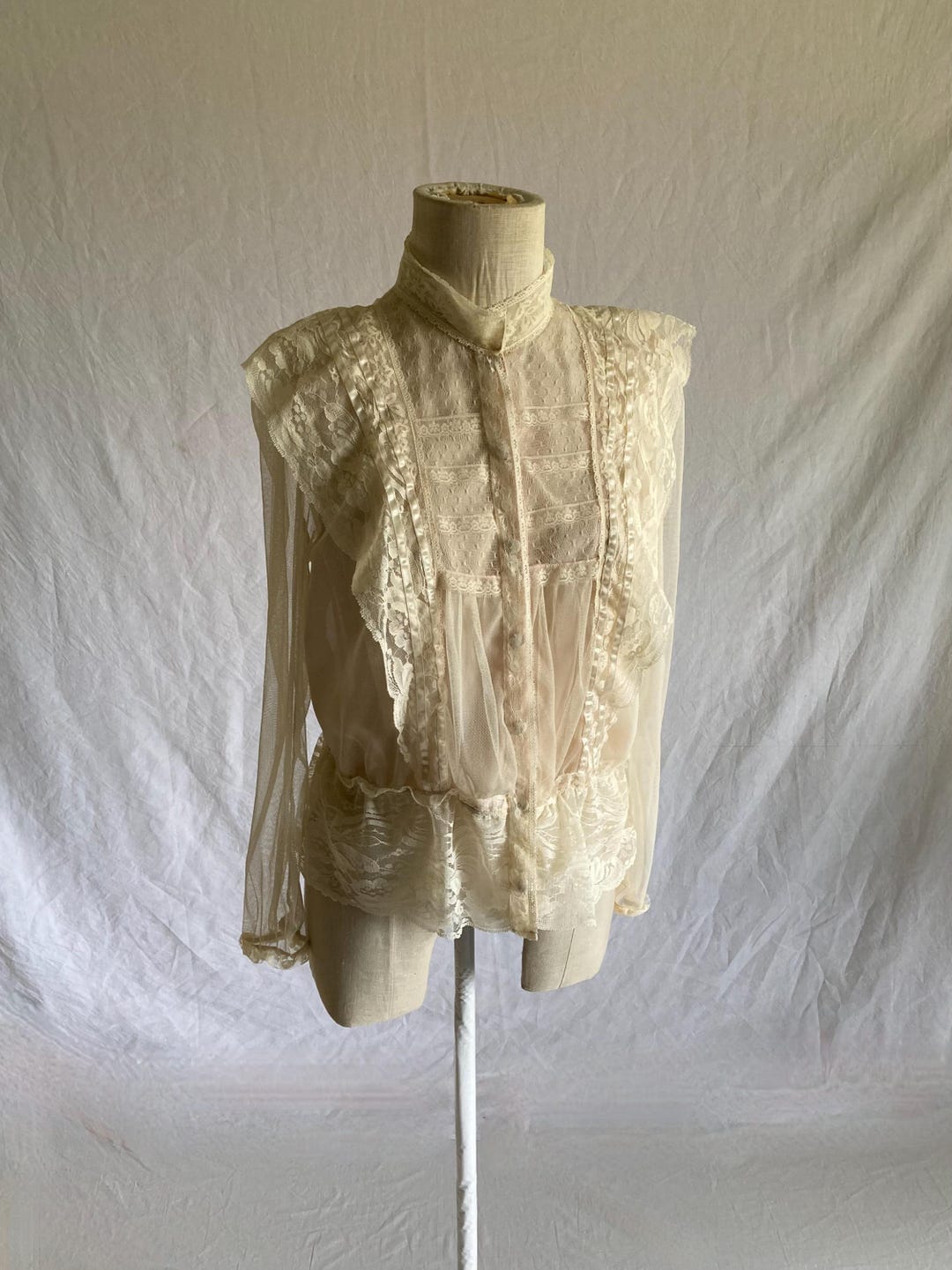 Vintage White Lace Mesh Blouse Retro Victorian Edwardian Style Boho ...
