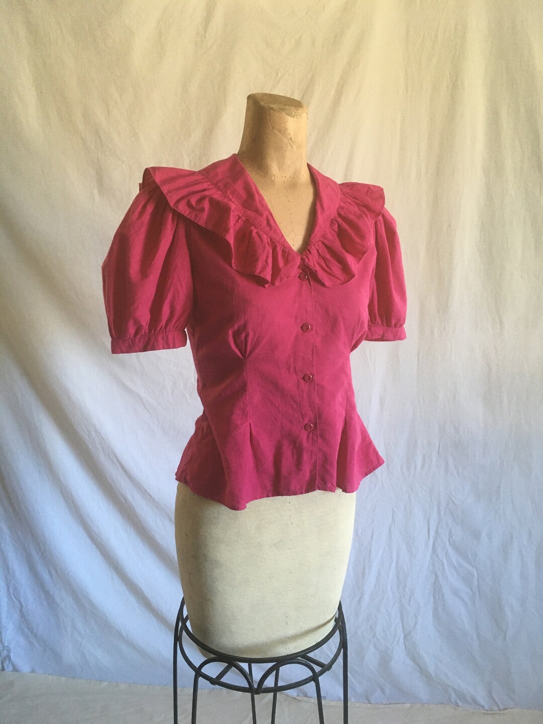 Vintage 80s Just Class Fuscia Pink Button up Puff Sleeve Ruffle Collar ...