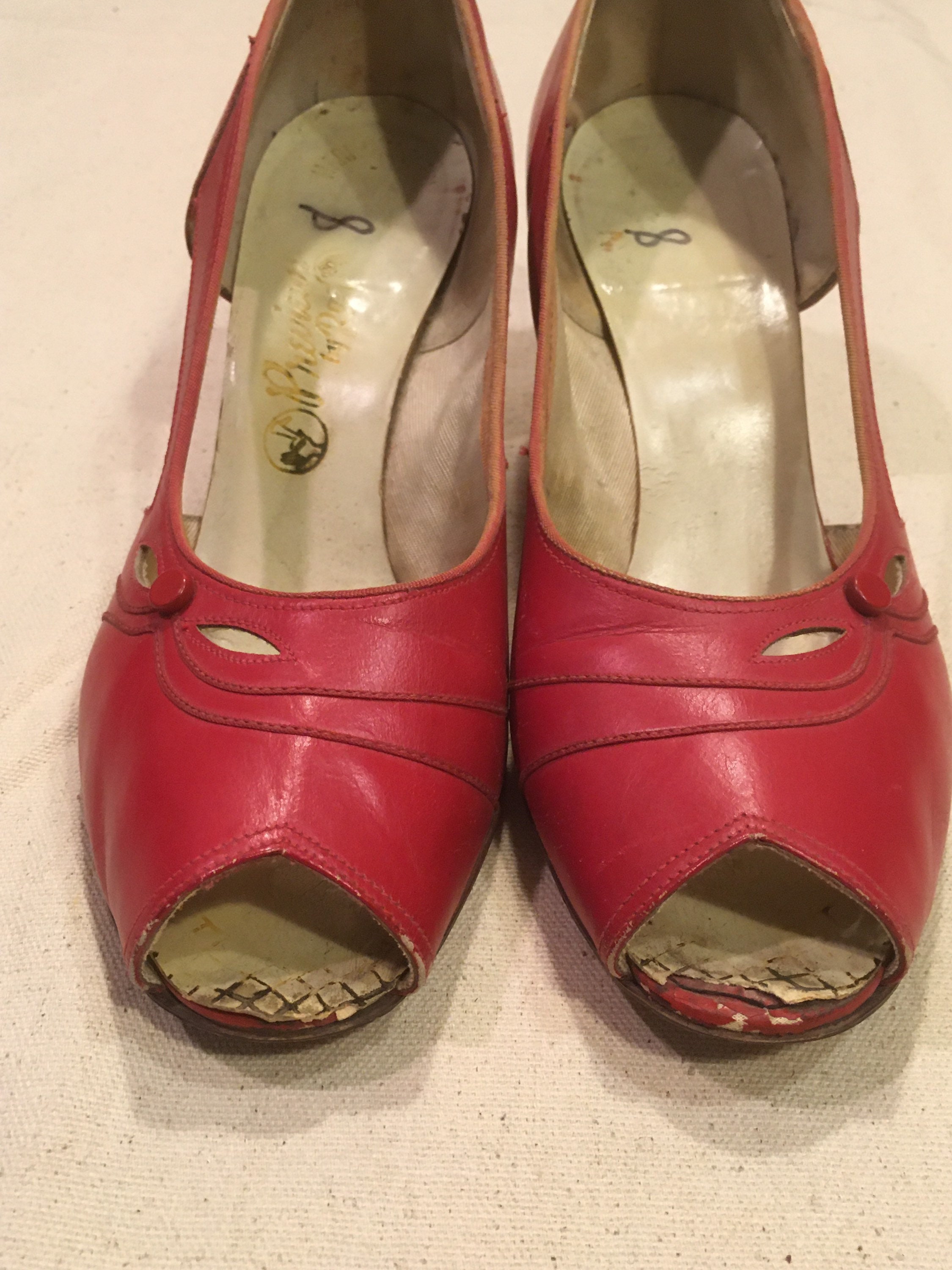Vintage 40s Red Leather Peep Toe Pumps Womens Shoe Size 8 | Etsy