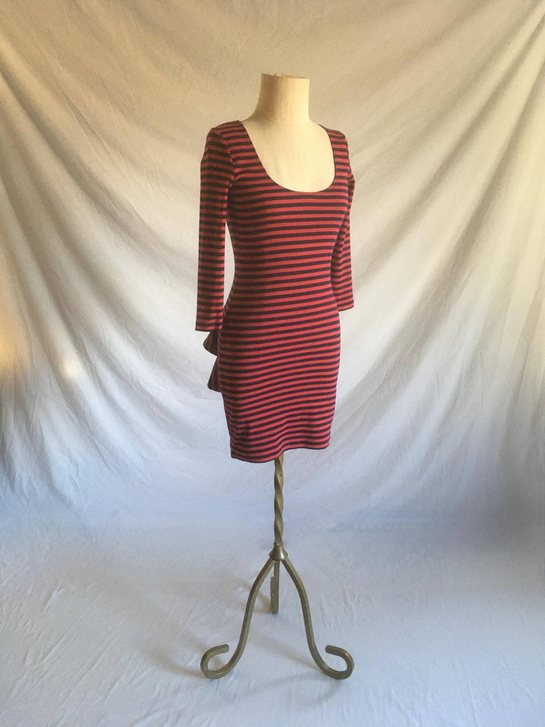 Vintage 2000s Betsey Johnson Striped Navy Blue Red Bodycon Tail Feather ...