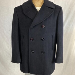 Vintage 70s Mans Wool Kersey Blue Wool Peacoat Sailor Overcoat Pembroke ...