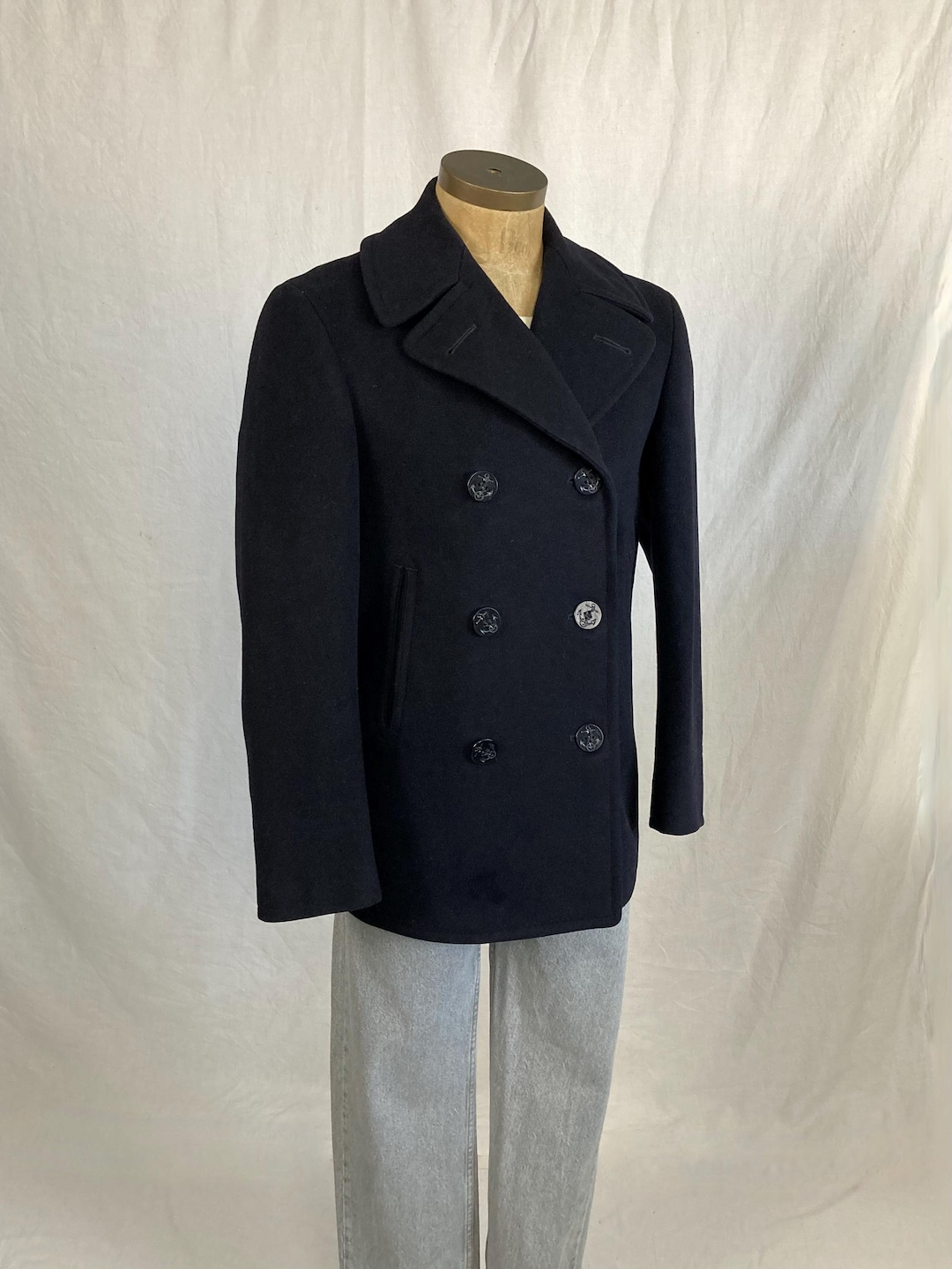 Vintage 40s Ww2 Navy Blue Wool Peacoat Corduroy Pockets Sailor Overcoat ...