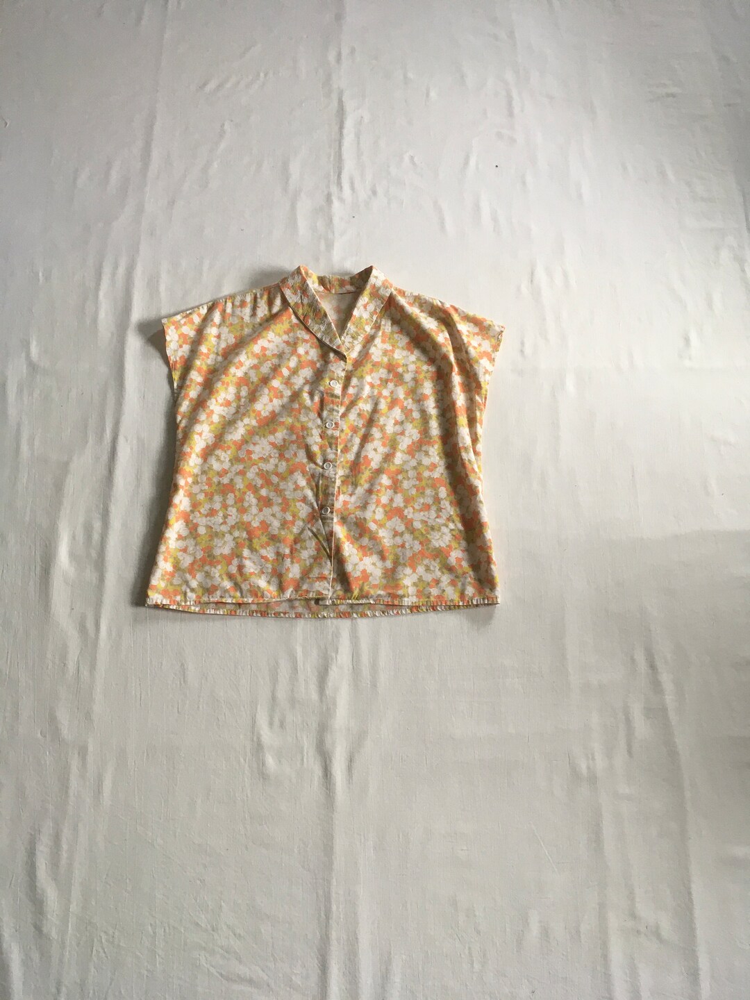 Vintage 50s Womens Button up Orange Floral Cotton Shawl Collar Blouse ...