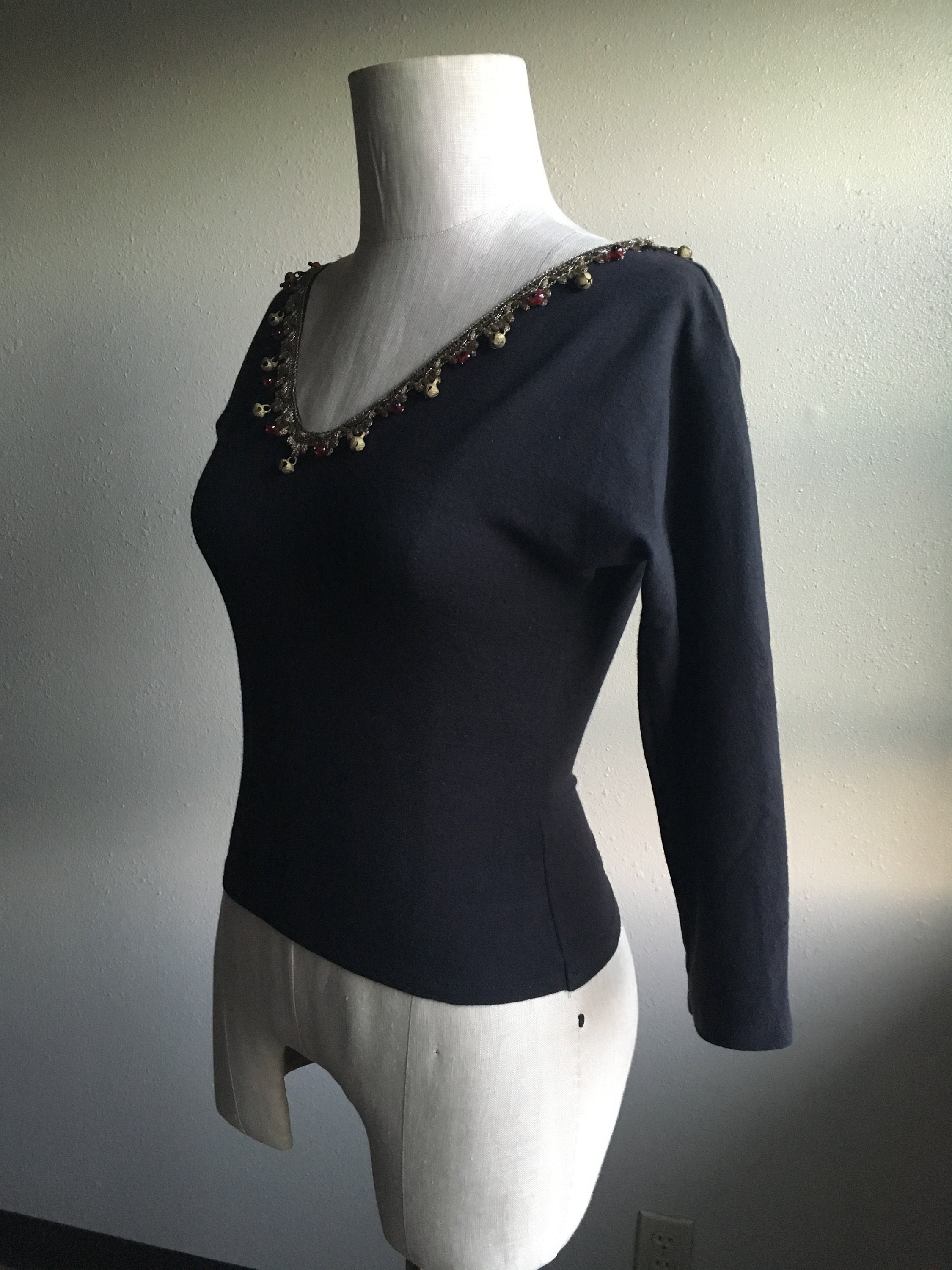 Vintage 80s Elle Gold Trim Beads and Bells Body Con Black Shirt - Etsy