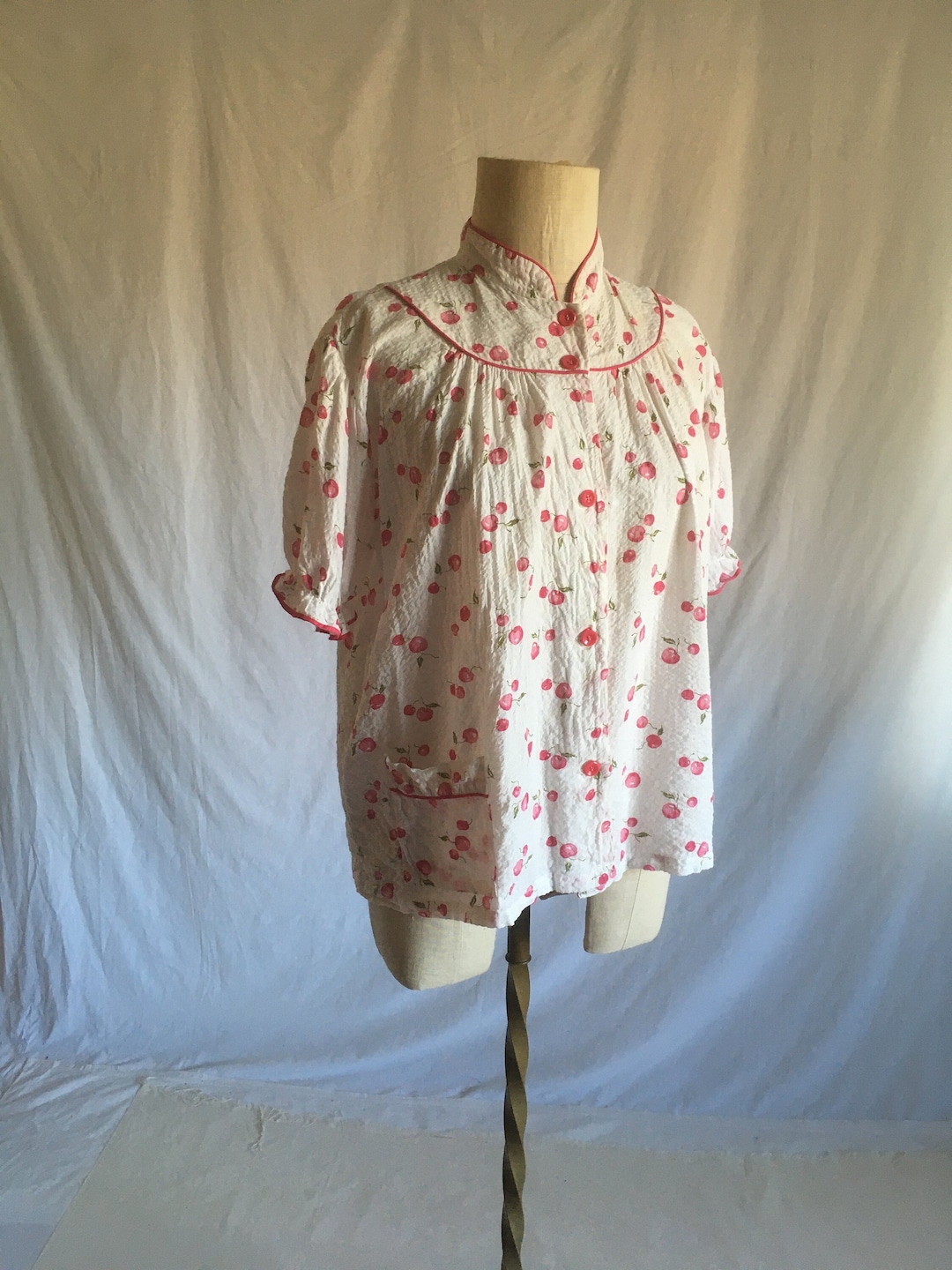 Vintage 50s Drowsy Deb Cherry Print Seersucker Cotton Pajama Top Shirt ...