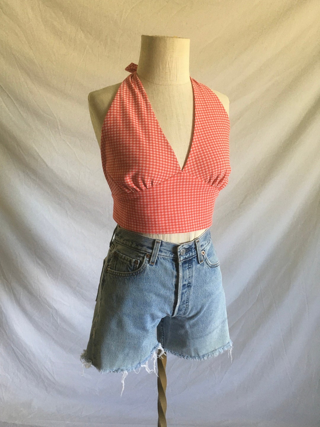 Vintage 60s Red Checkered Halter Top Pin up Marilyn Rockabilly Daisy ...