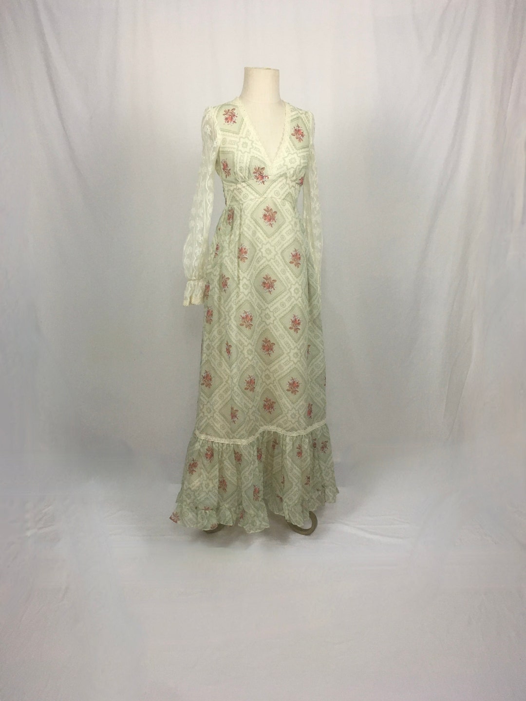 Vintage 70s Gunne Sax by Jessica Dress Maxi Voile V Neck Long Sleeve ...
