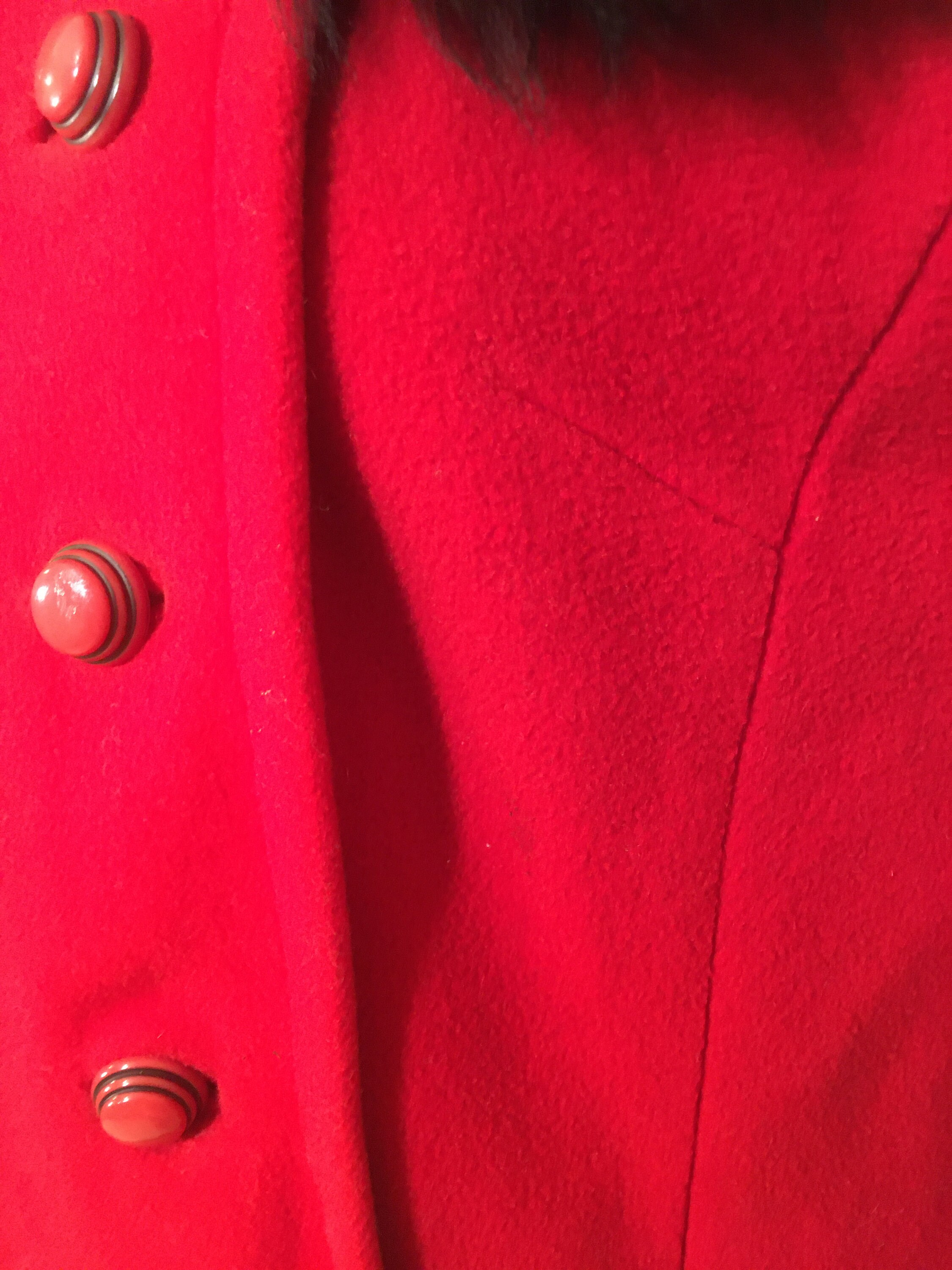 Vintage 60s Womens Red Wool Blackfake Fur Collar Hem Trim Winter Coat ...