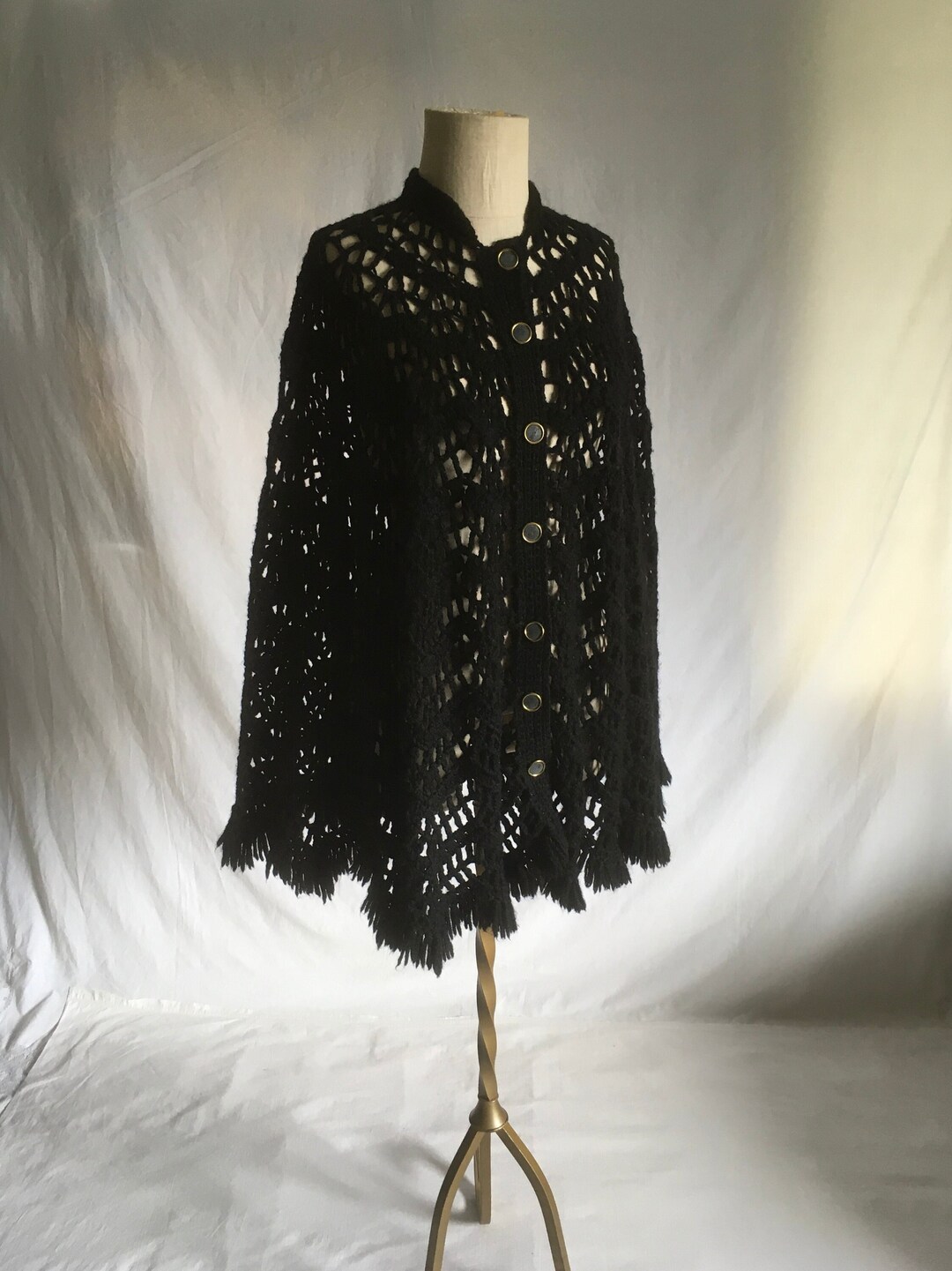Vintage 70s Hand Knit Black Sweater Button up Fringed Poncho Riding ...