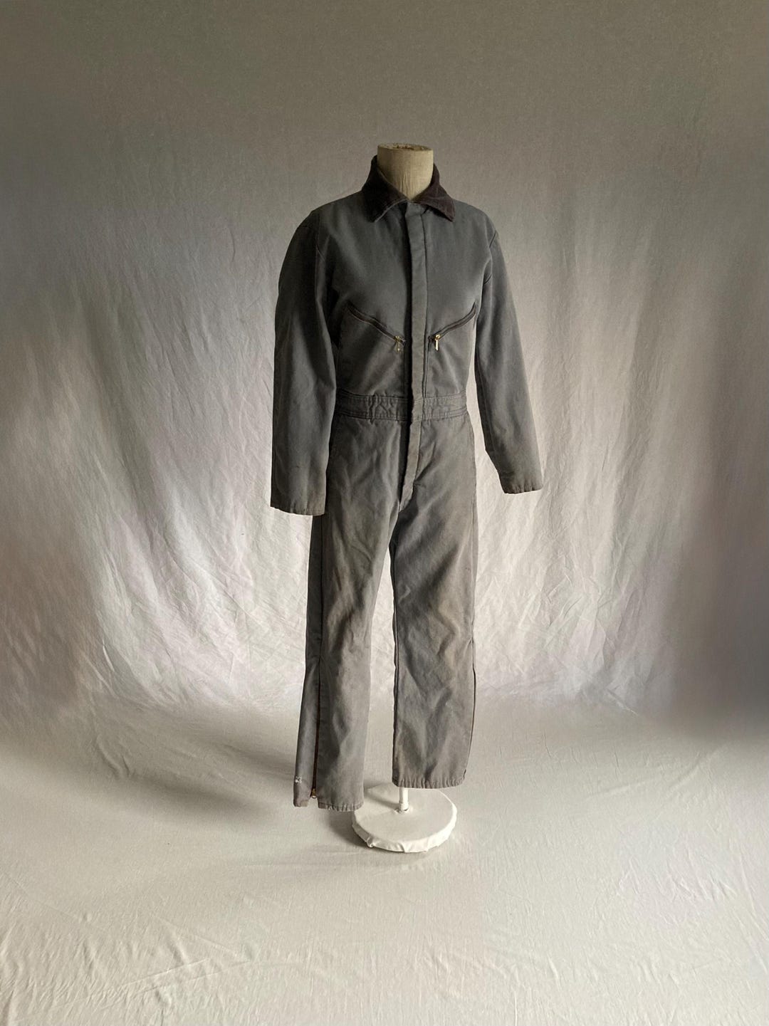 Vintage Insulated Coveralls Small Short Grey Canvas Corduroy Collar ...