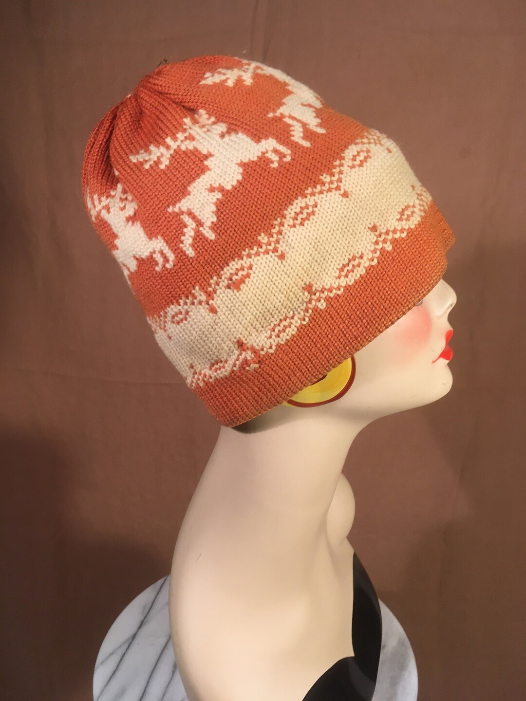 Vintage 70s Wool Knit Prancing Reindeer Brown Ski Hat Winter Skull Cap ...