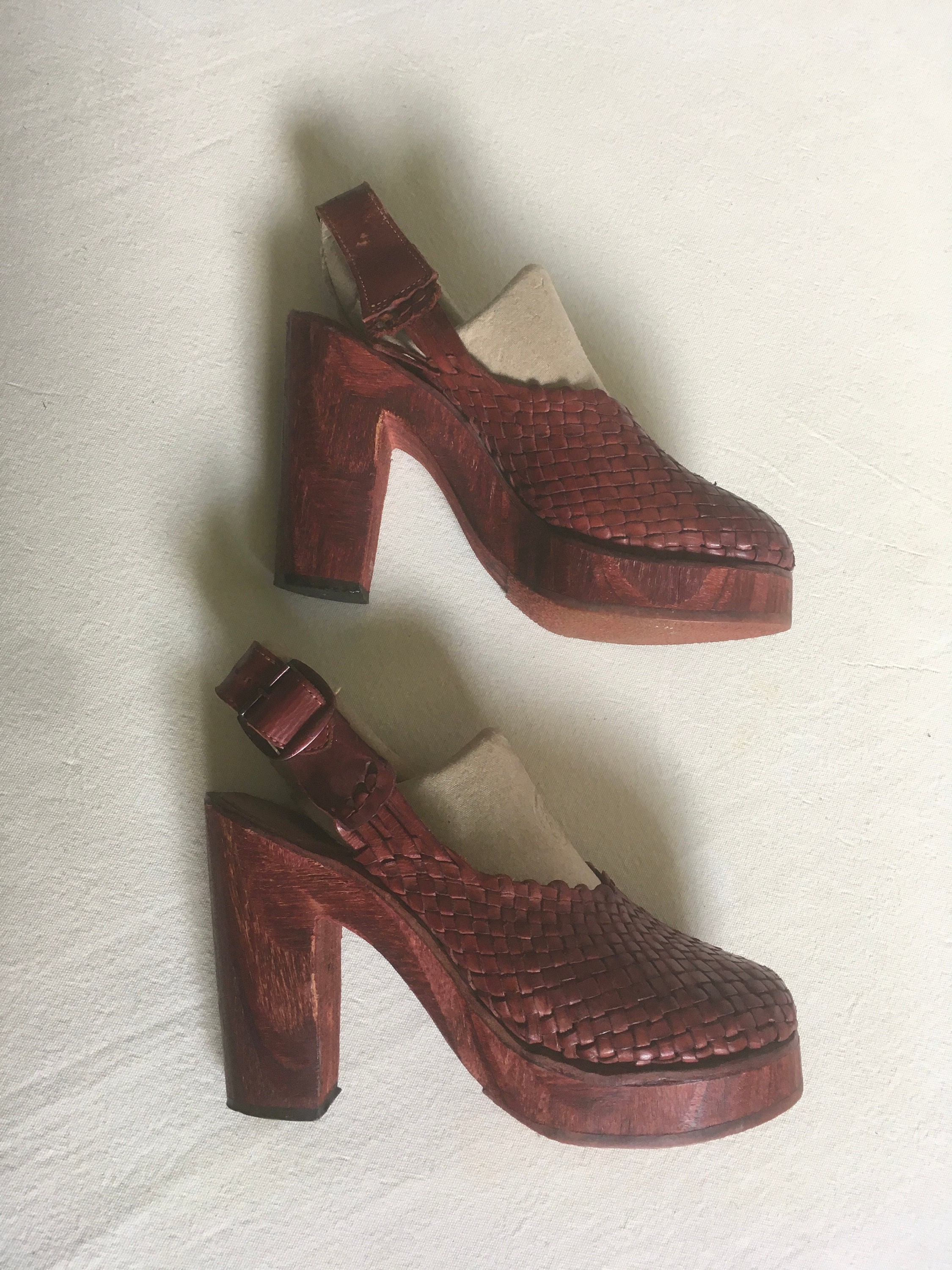 Vintage 70s Braided Leather Wooden Platform Clogs Huaraches Sling Back ...
