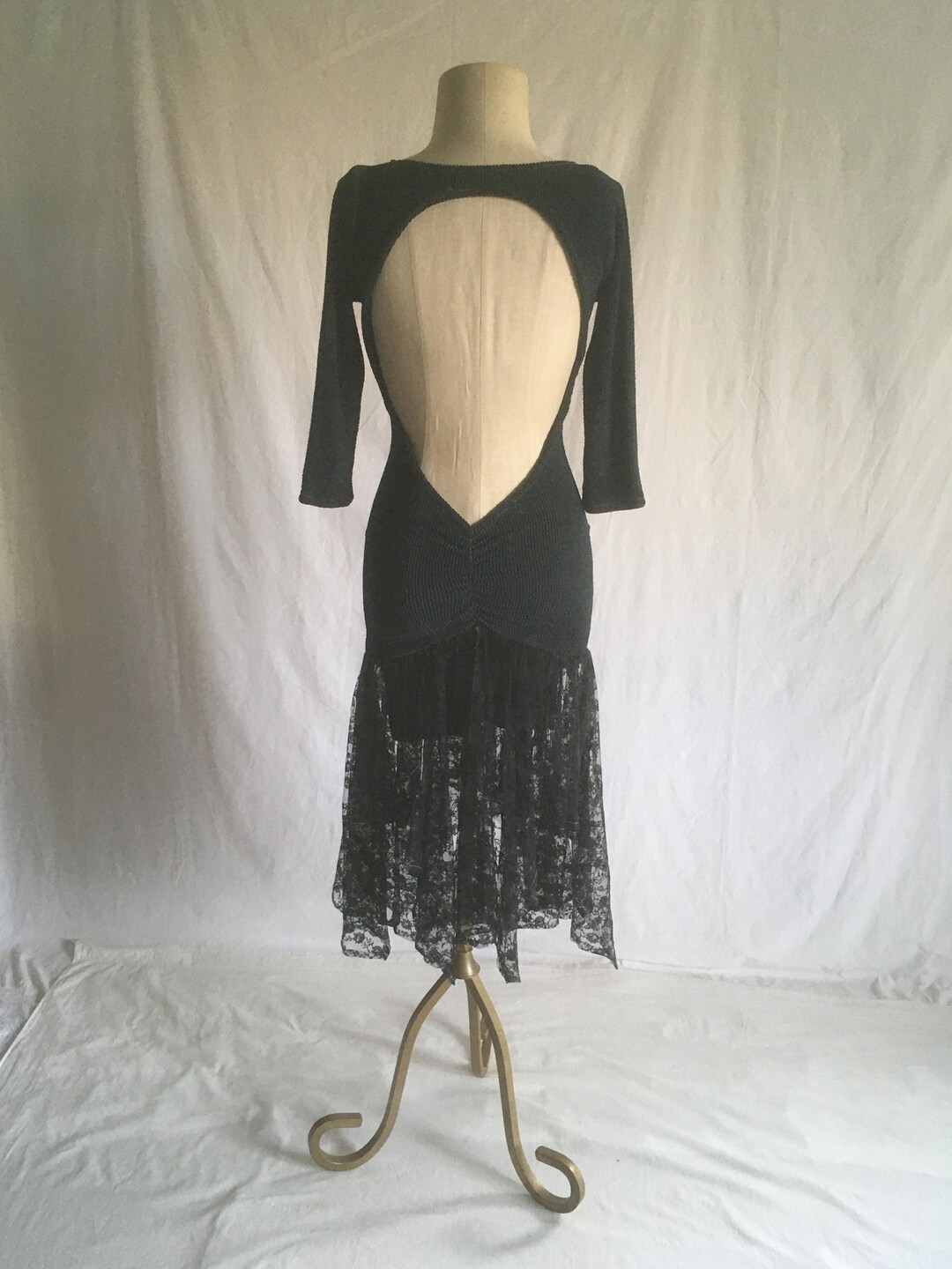 Vintage 80s Bodycon Forest Green Dress Cut Out Plunge Back Black Tulle ...