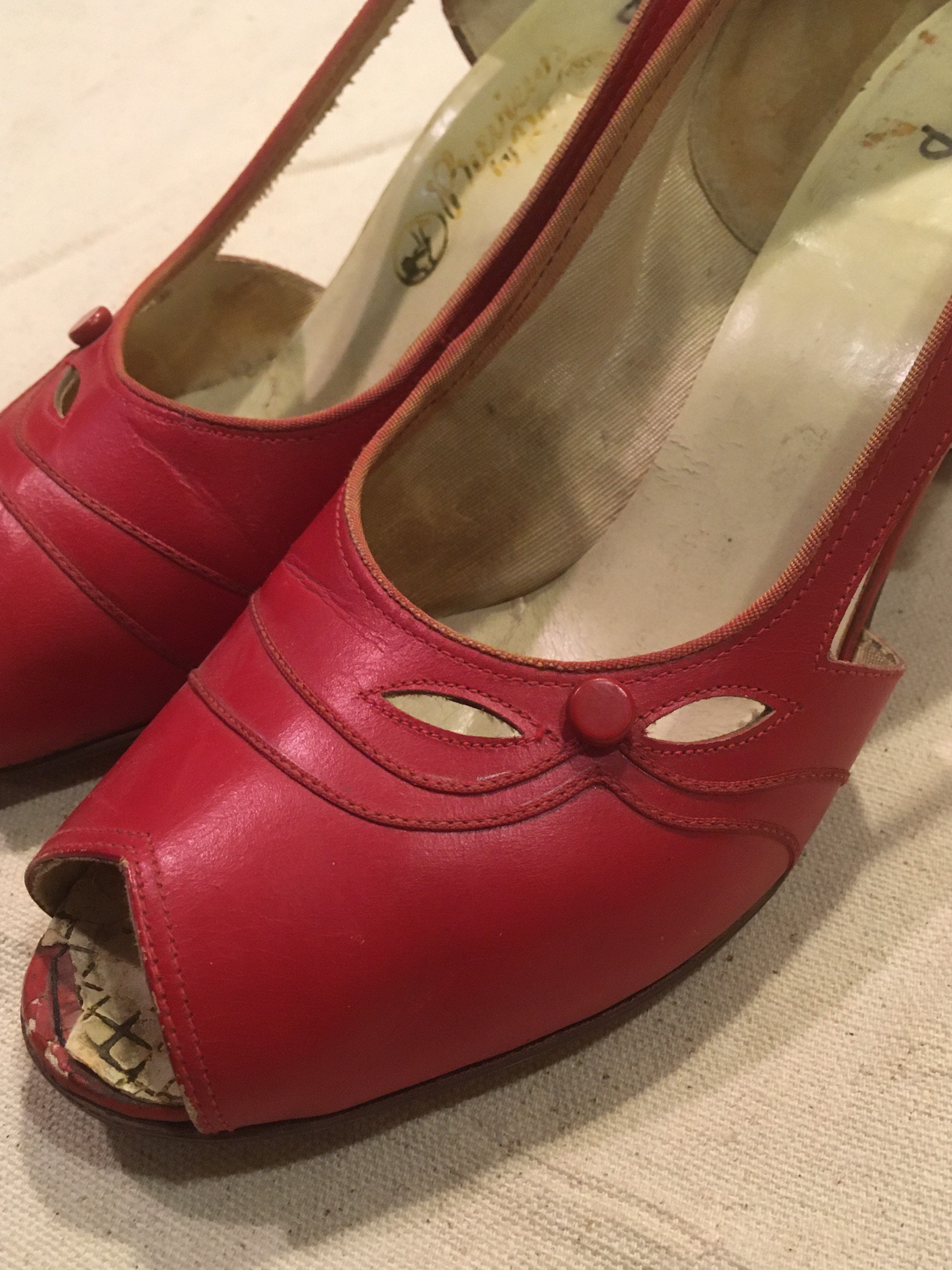 Vintage 40s Red Leather Peep Toe Pumps Womens Shoe Size 8 | Etsy