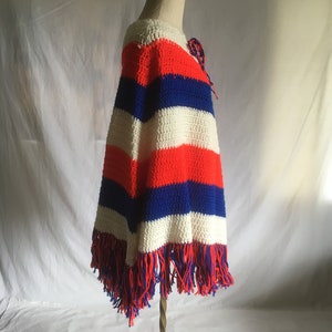 Vintage 70s Handmade Knit Striped Poncho Shawl Red White Blue 1970s ...
