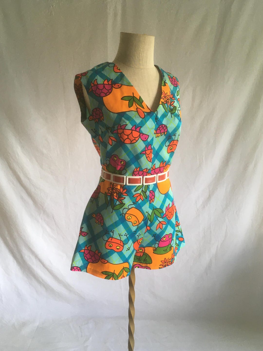 Vintage 70s Playsuit Romper Handmade Shorts Jumpsuit Turtles Frog Print ...