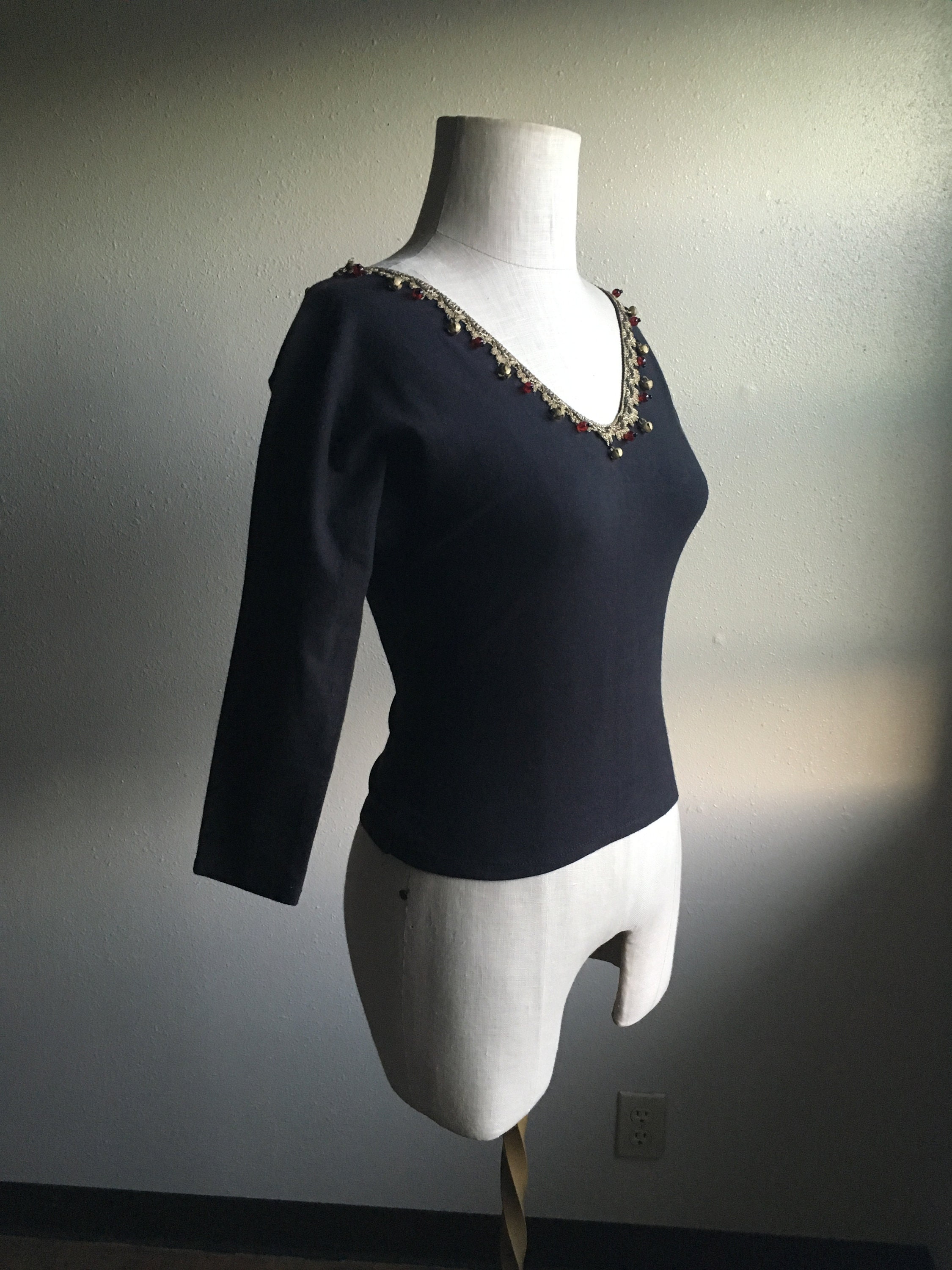 Vintage 80s Elle Gold Trim Beads and Bells Body Con Black Shirt - Etsy