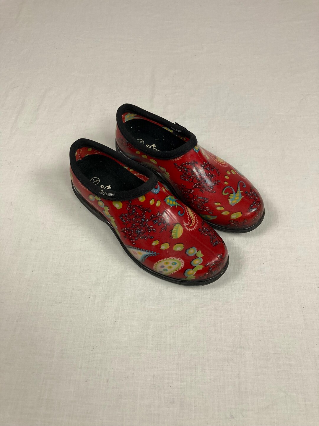 Vintage 90s Sloggers Womens Red Rubber Clogs 7 Made in Usa Paisley ...
