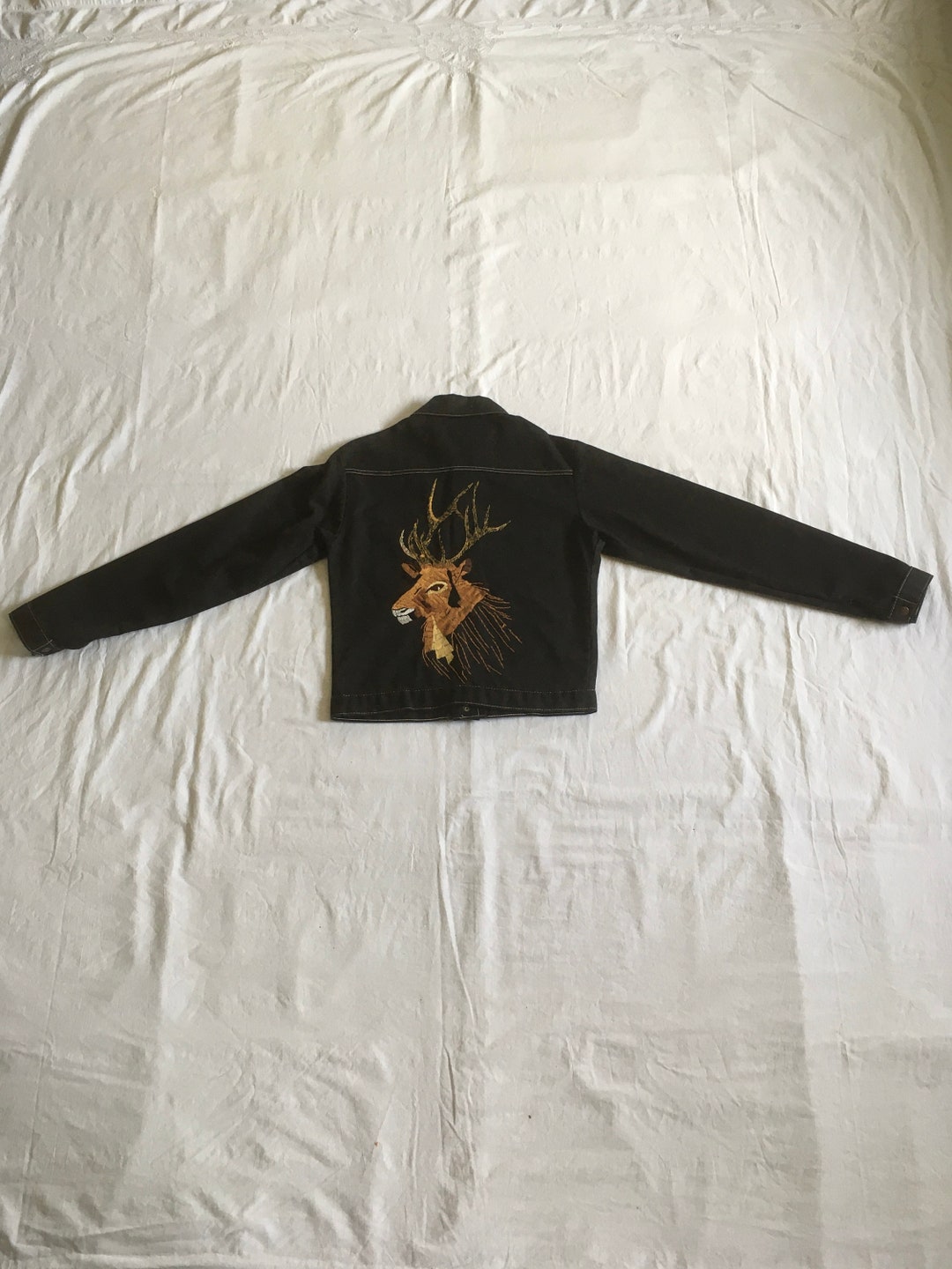 Vintage 60s Buck Steer Deer Hand Embroidered Back Black Trucker Jacket ...