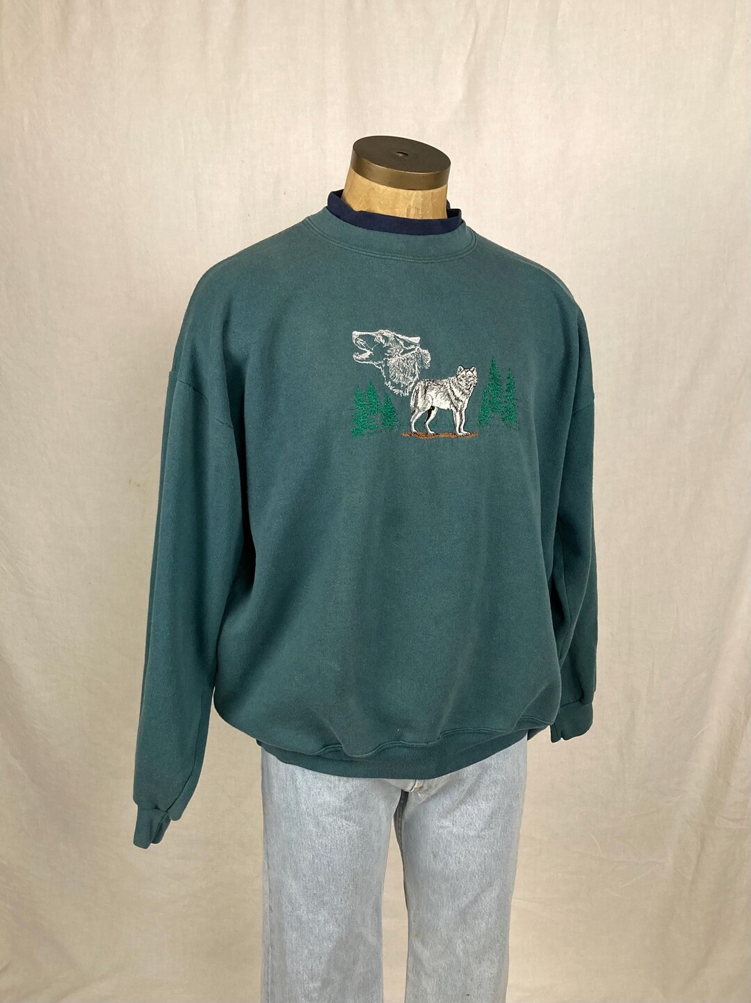 Vintage 90s Howling Wolf Wolves Embroidery Art Nature Sweatshirt Double ...