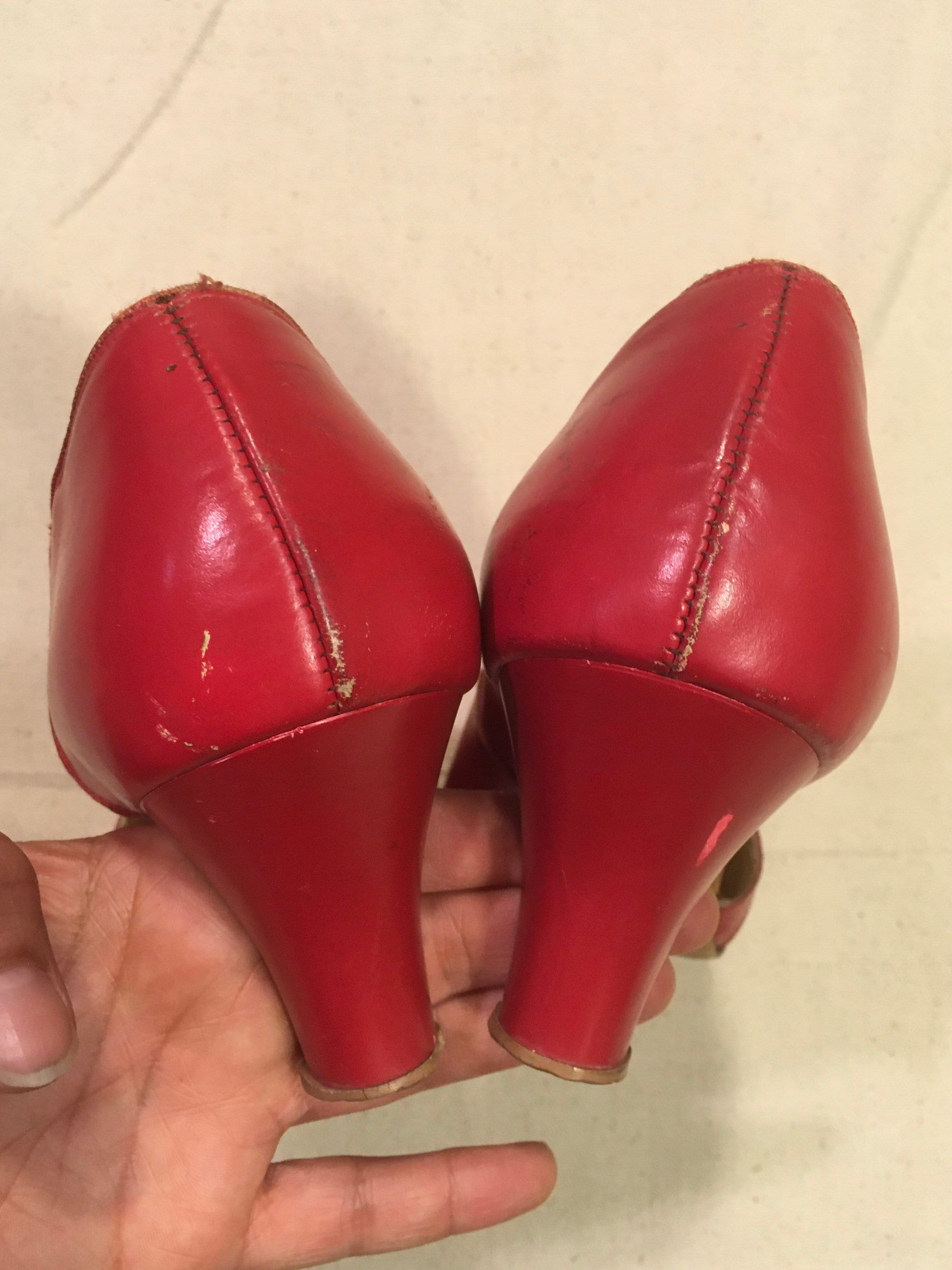 Vintage 40s Red Leather Peep Toe Pumps Womens Shoe Size 8 | Etsy