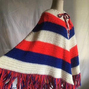 Vintage 70s Handmade Knit Striped Poncho Shawl Red White Blue 1970s ...