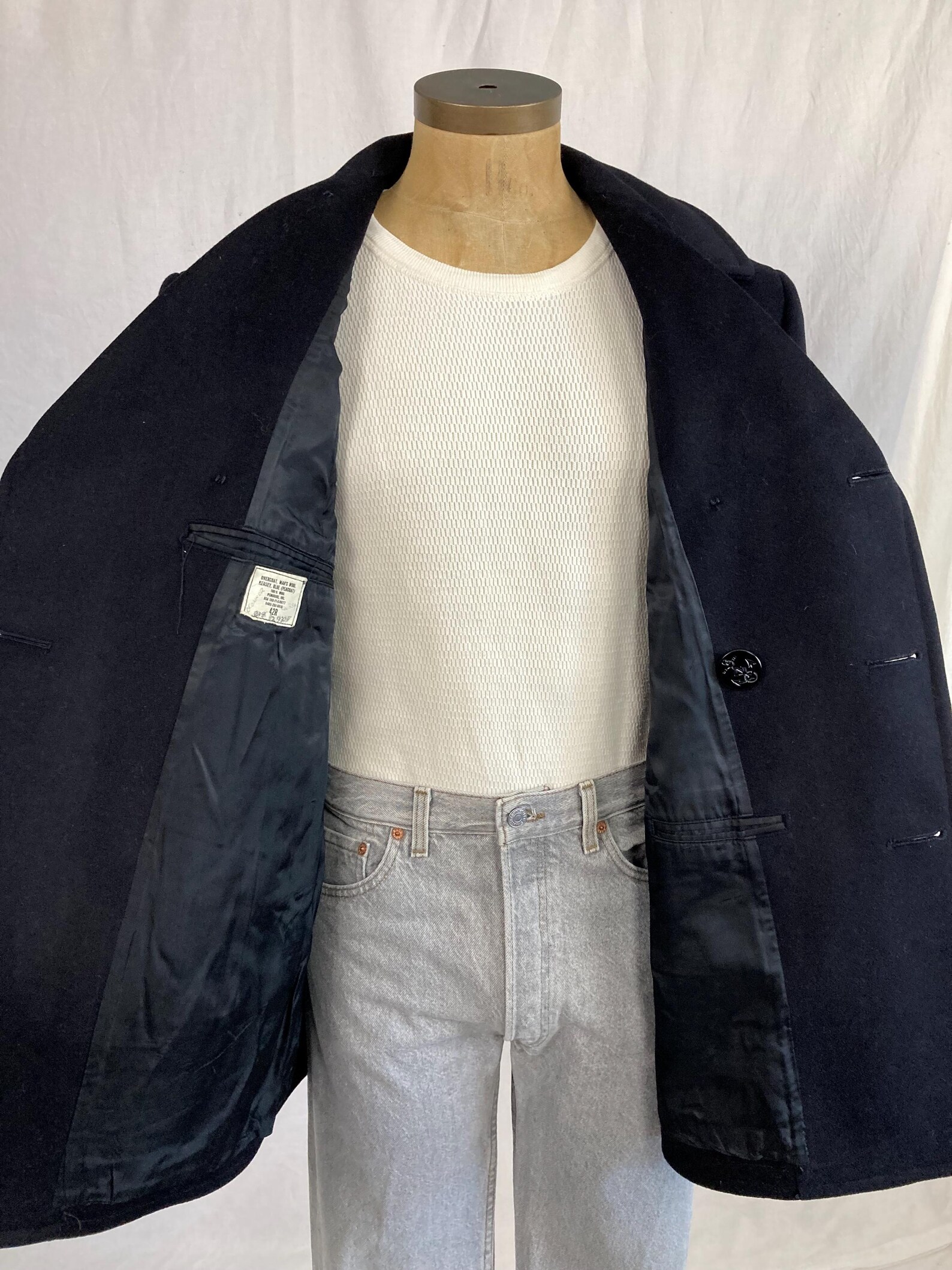 Vintage 70s Mans Wool Kersey Blue Wool Peacoat Sailor Overcoat Pembroke ...