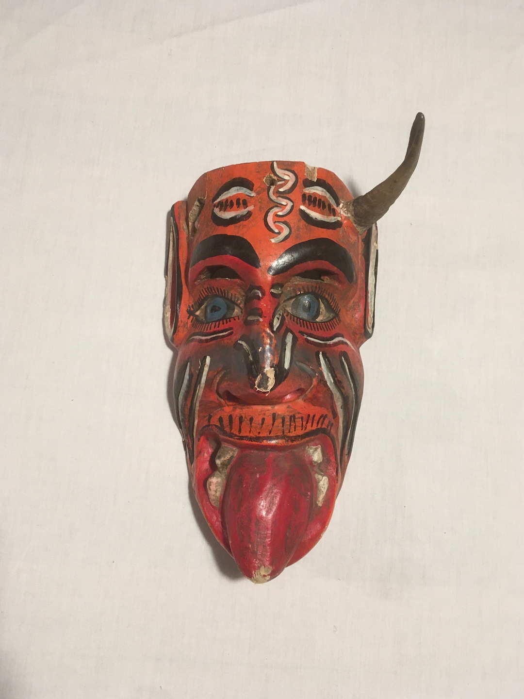 Vintage Mexican Folk Art Wooden Painted Horned Mask Devil El Diablo ...