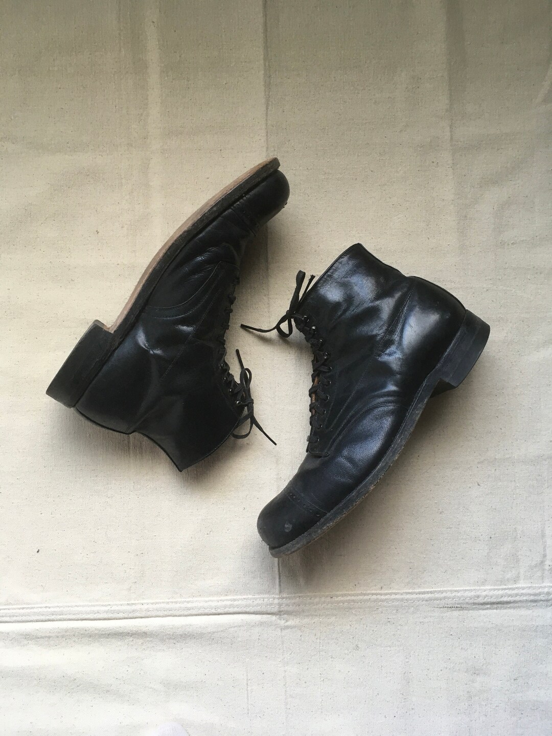 Vintage 20s Mens Black Leather Cap Toe Steel Toe Lace up Ankle Work ...