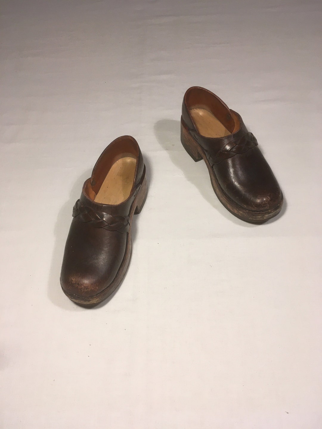 Vintage Handmade Multnomah Wooden Aged Distressed Leather Clogs Braided ...