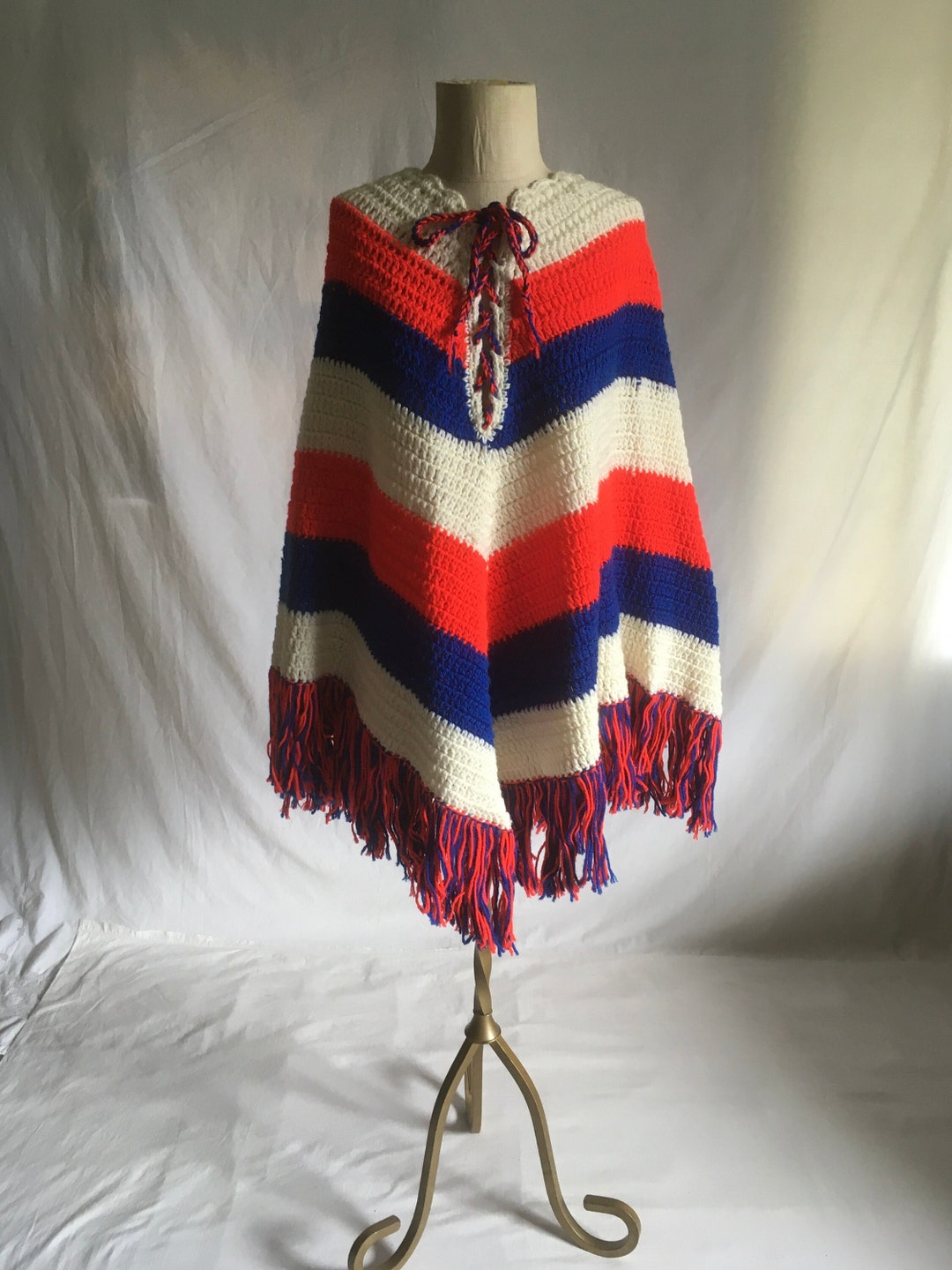 Vintage 70s Handmade Knit Striped Poncho Shawl Red White Blue 1970s ...