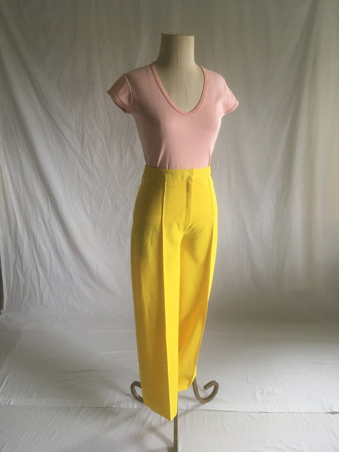 Vintage 70s Womens Handmade Banana Yellow Polyester Slacks High Waist ...