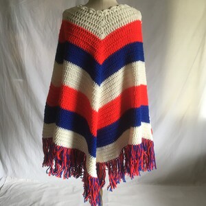 Vintage 70s Handmade Knit Striped Poncho Shawl Red White Blue 1970s ...