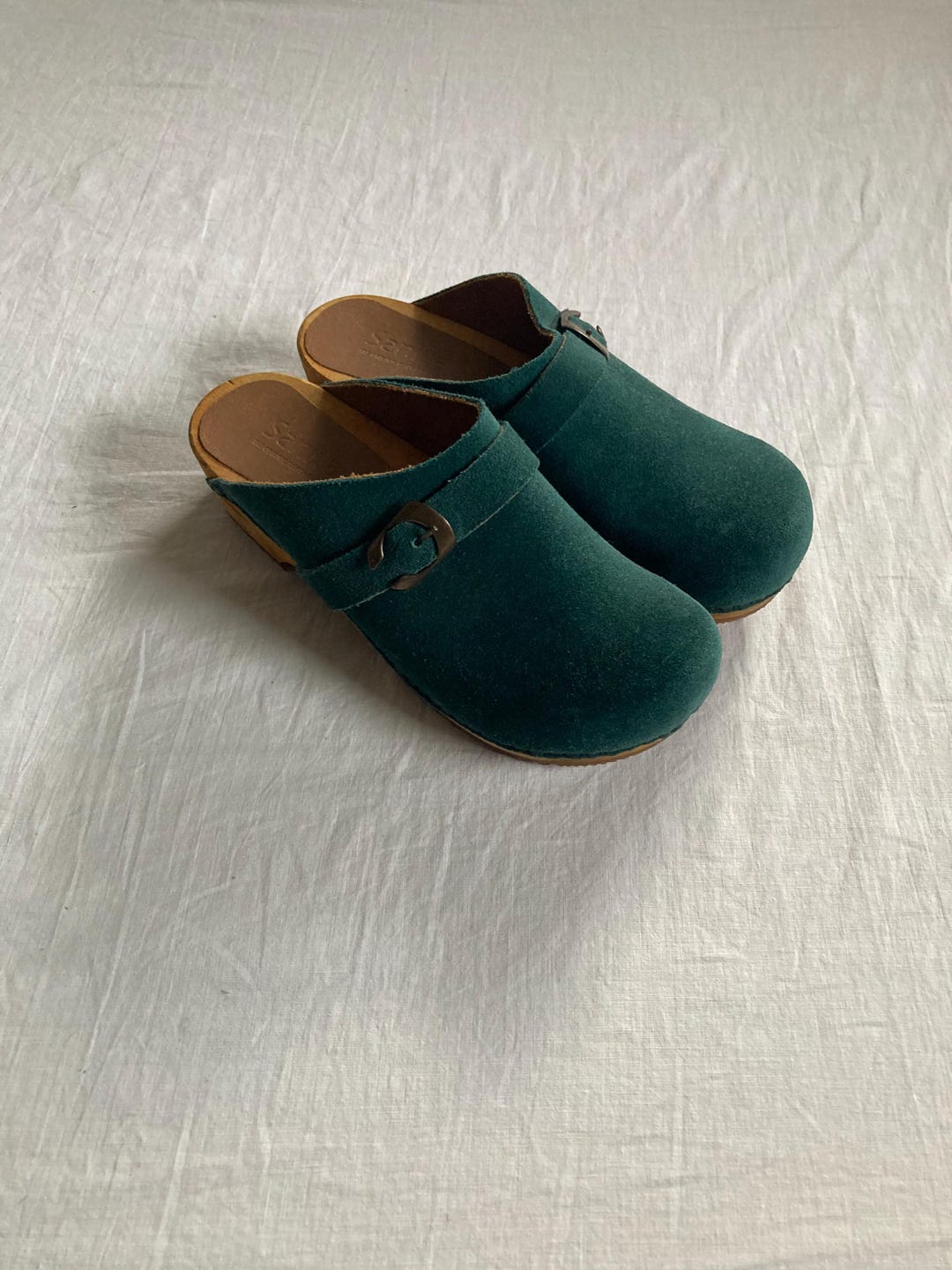 Vintage Sanita Hedi Clogs 37 Teal Green Suede Leather Wooden Clog Mule ...