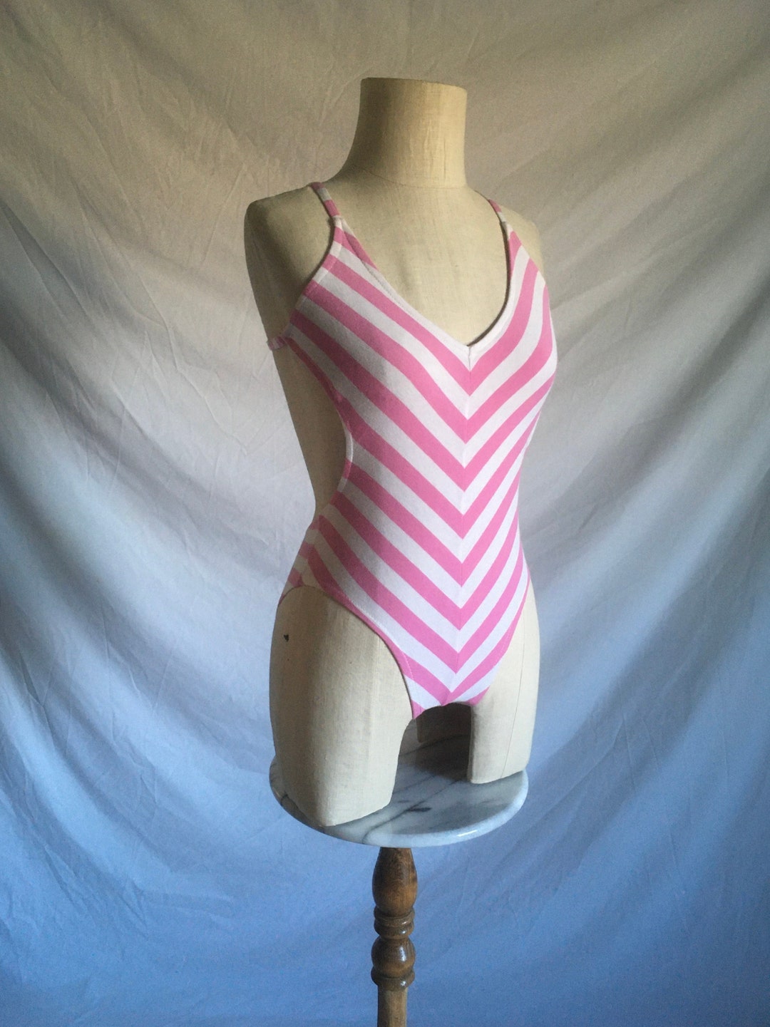 Vintage 80s Swimsuit Gottex Jrs Pink White Cotton Blend Chevron Striped ...
